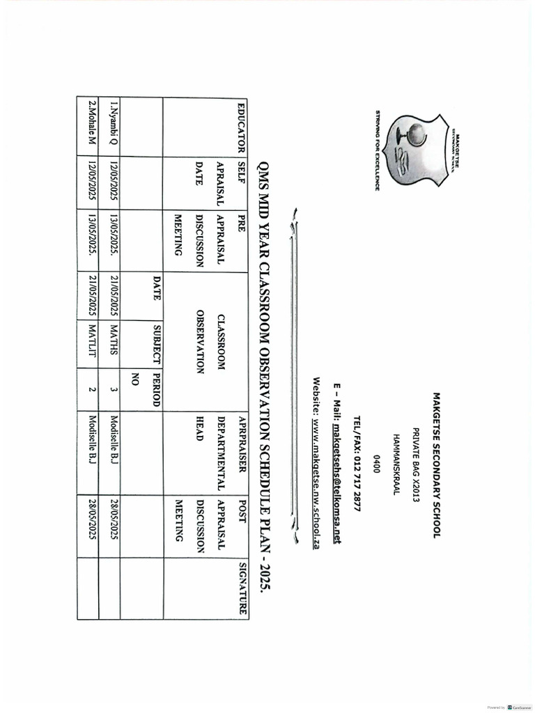 QMS Mid Year Class Observation Schedule Plan 2025. | PDF