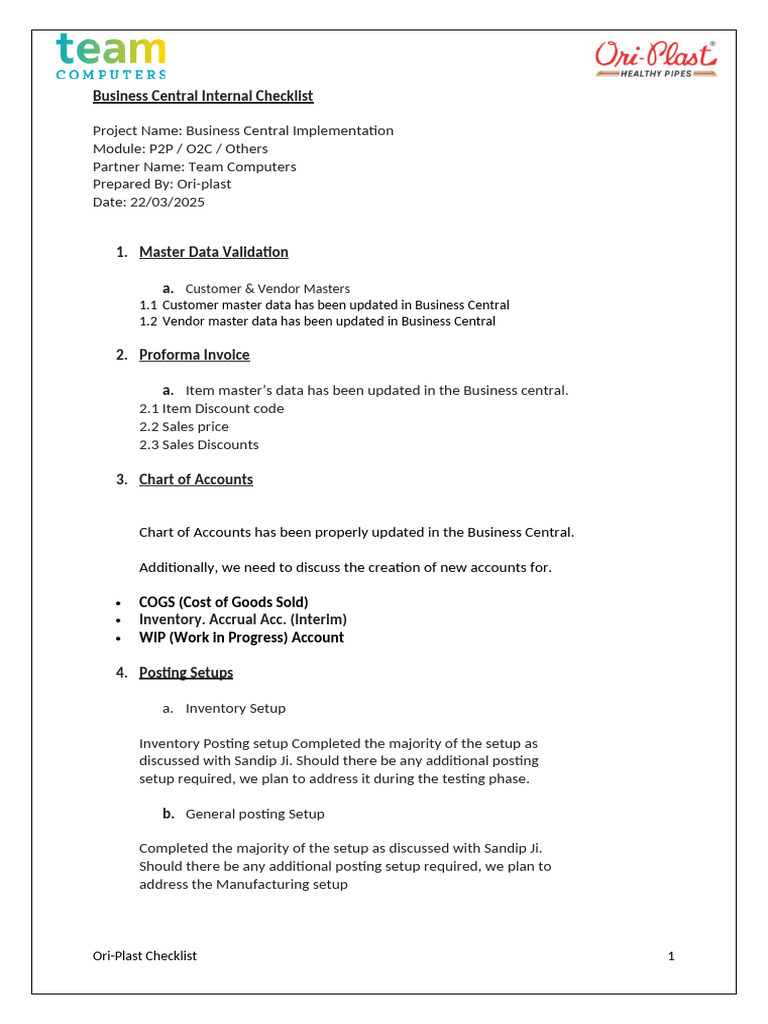 Business Central Internal Checklist | PDF