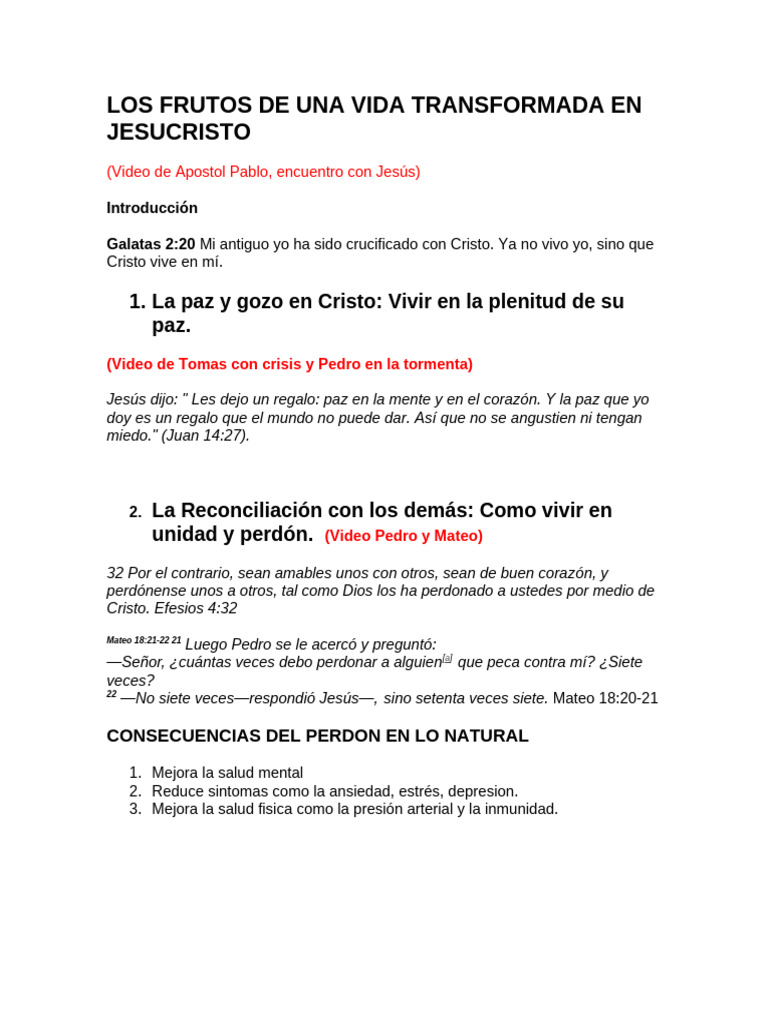 Los Frutos de Una Vida Transformada en Jesucristo Resumido | PDF | Jesús | Cristo (título)