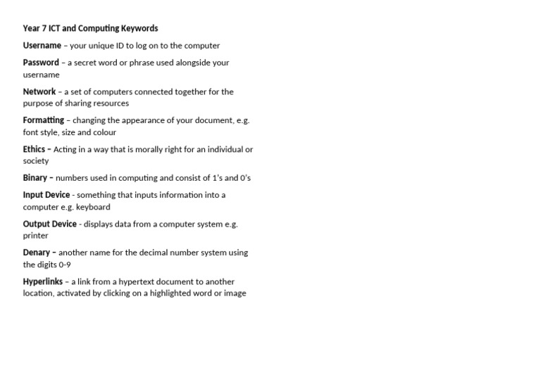 Year 7 ICT and Computing Keywords Revision Sheet | PDF