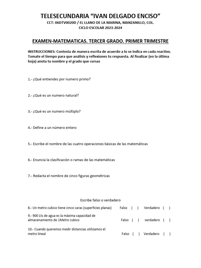 Examen de Matemáticas Tercer Grado | PDF