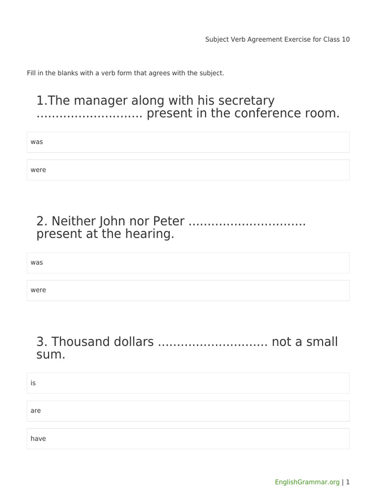 Subject Verb Agreement Exercise For Class 10 | PDF | Monetary Economics ...