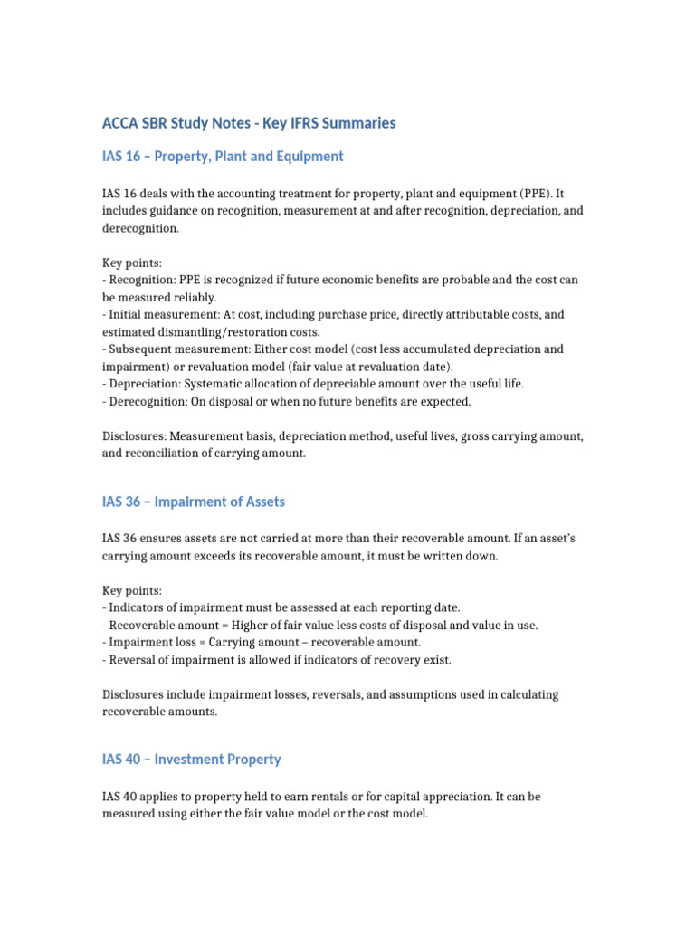 ACCA SBR IFRS Summary Notes Expanded | PDF | Fair Value | Depreciation