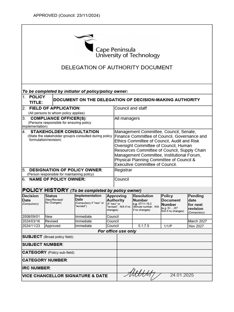 Delegation of Authority Document Approved by Council On 23 November ...