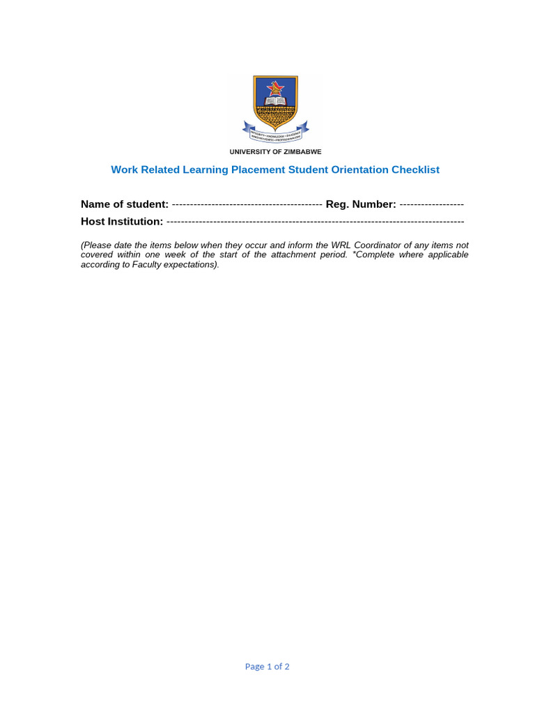 Work Related Learning Placement Student Orientation Checklist | PDF