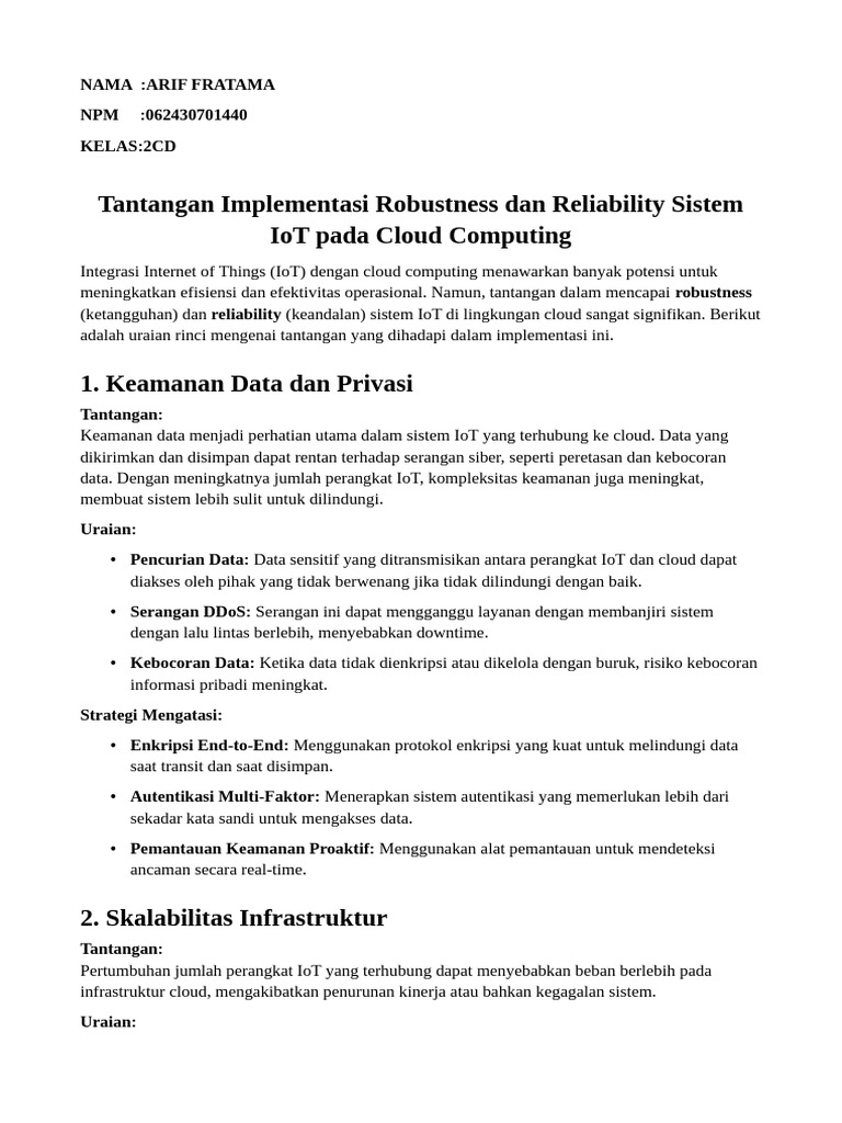 Tantangan Implementasi Robustness Dan Reliability Sistem IoT Pada Cloud Computing | PDF