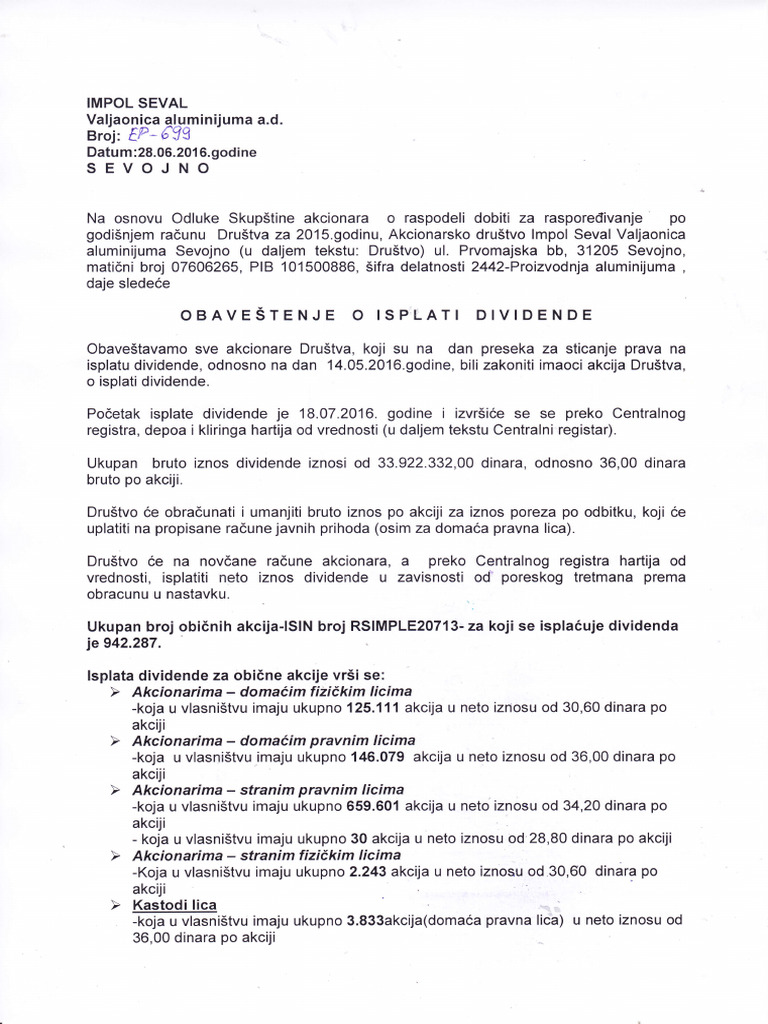 Odluka o Isplati Dividende | PDF