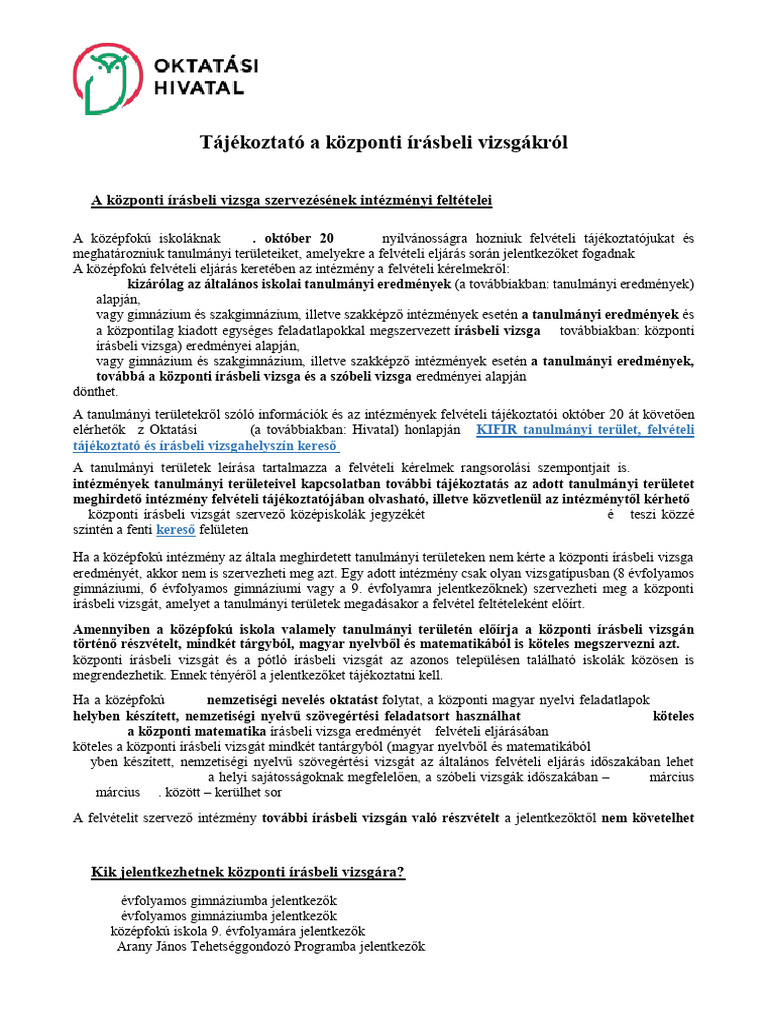 Tajekoztato Kozponti Irasbeli Vizsgarol-1 | PDF