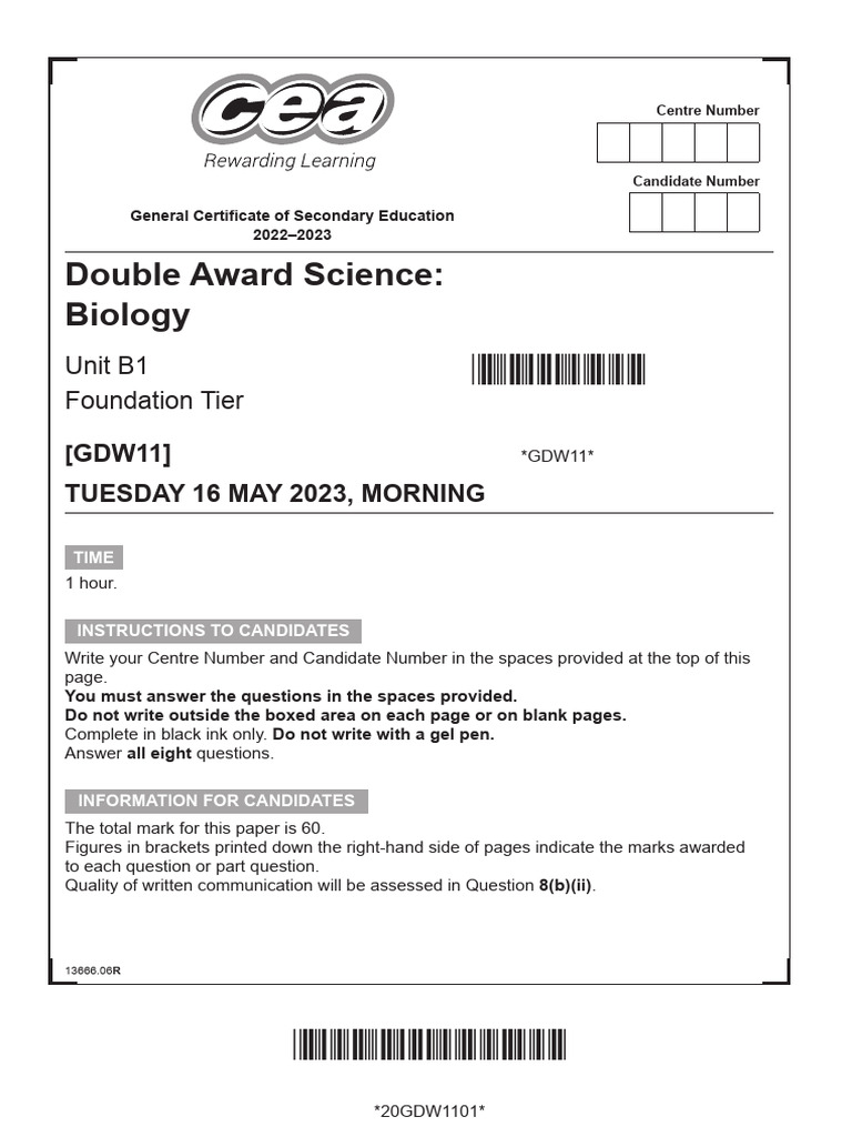 GCSE-Science Double Award-584-Summer2023-Foundation Tier, Unit B1 - Biology-Paper | PDF ...