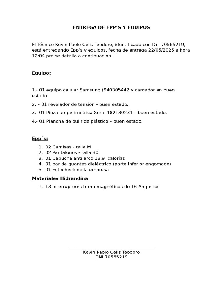 Entrega de EPP y Equipos por Kevin Celis | PDF