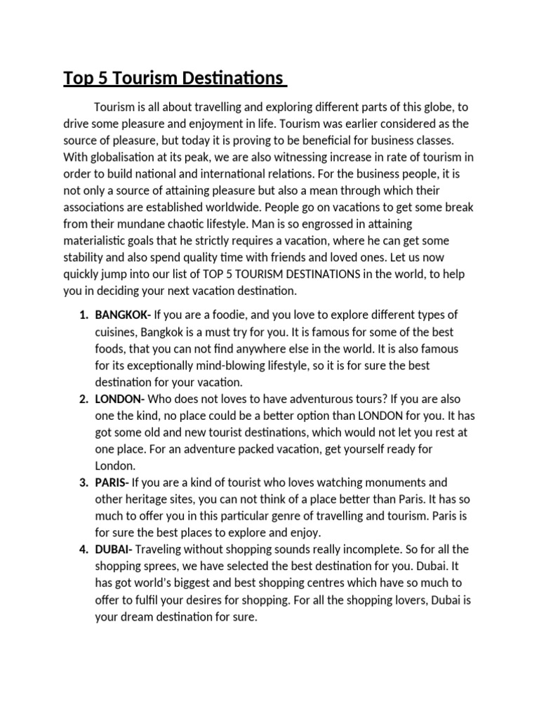 Top 5 Tourism Destinations - An Article by Anima (Sample For Content ...