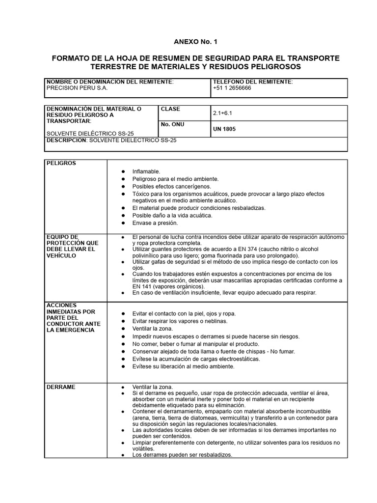 Hoja de Seguridad Solvente Dieléctrico SS-25 | PDF | Solvente | Agua