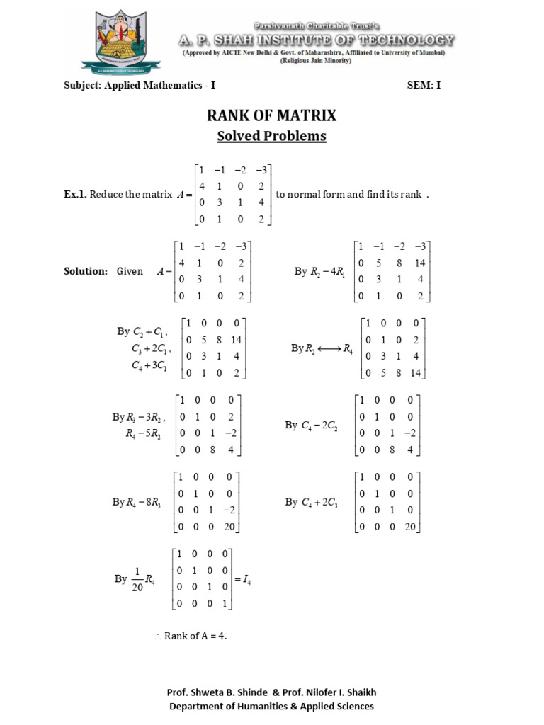 Rank of Matrix - Solved Examples | PDF | Functional Analysis | Linear Algebra