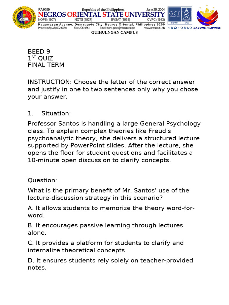 BEED 9 Final 1st Quiz | PDF