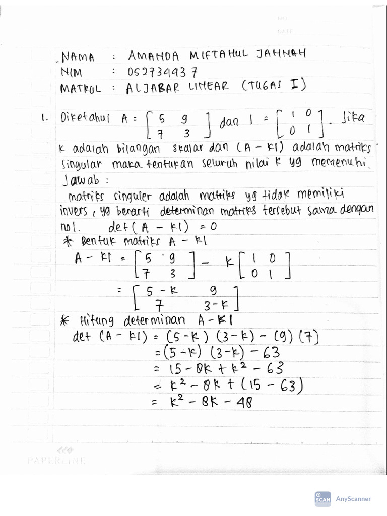 Tugas 1 Aljabar Linear | PDF