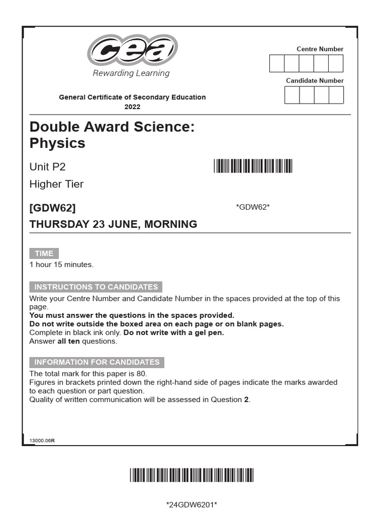 GCSE-Science Double Award-584-Summer2022-Higher Tier, Unit P2 Physics-Paper | PDF | Electric ...