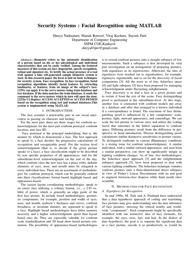 Security Systems Facial Recognition Using MATLAB | PDF | Eigenvalues And Eigenvectors | Vector Space