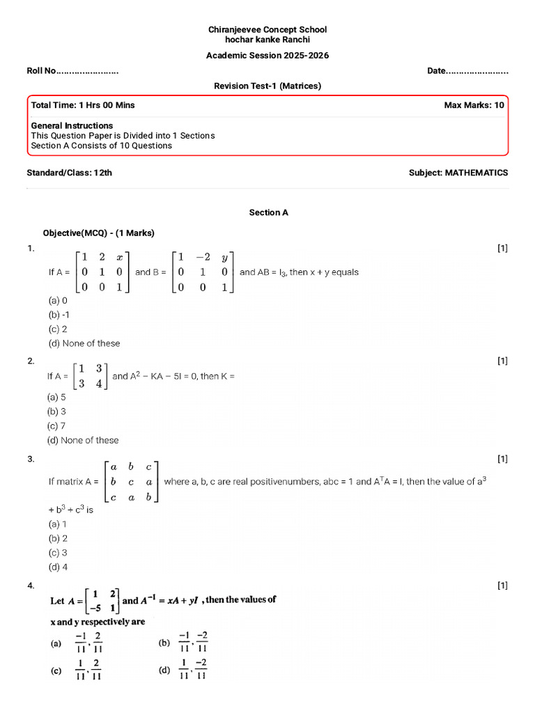 Revision Test-1 (Matrices) Mathematics Class 12 | PDF