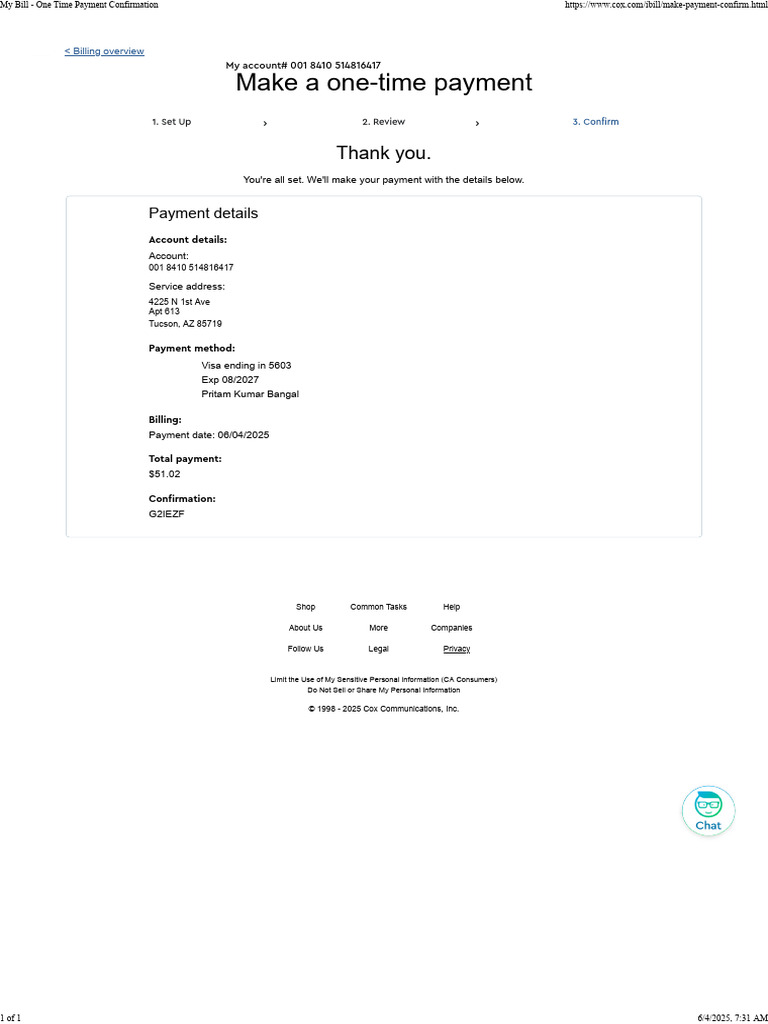 My Bill - One Time Payment Confirmation | PDF