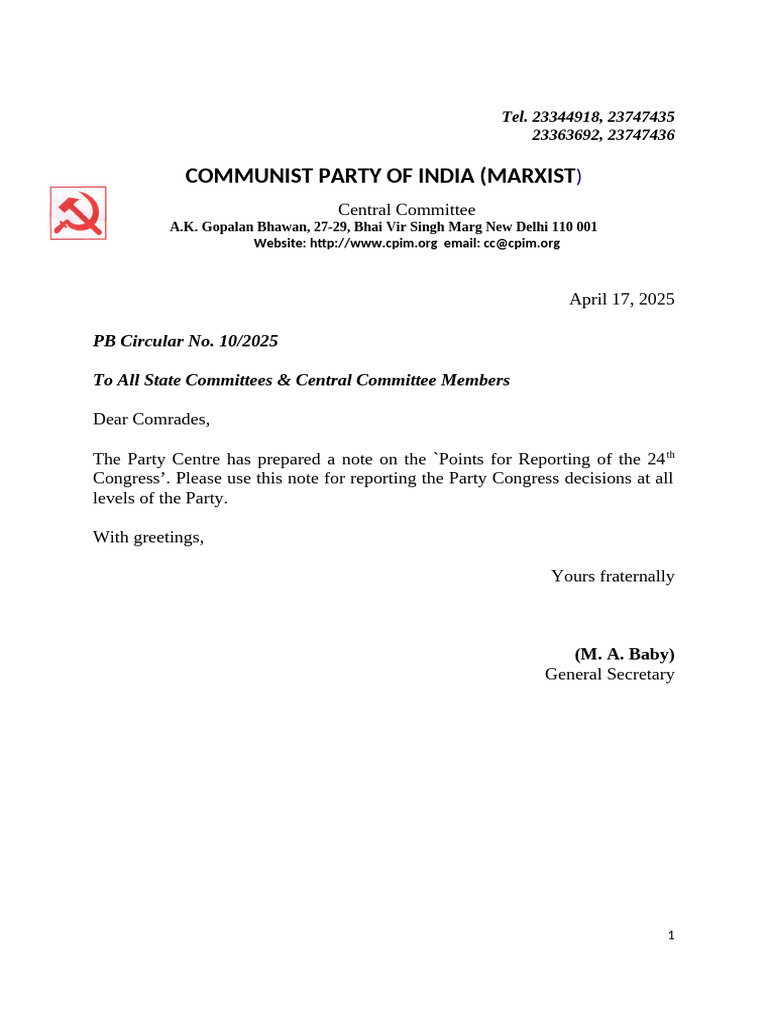 CPI(M) 24th Congress Reporting Points | PDF | Bharatiya Janata Party ...