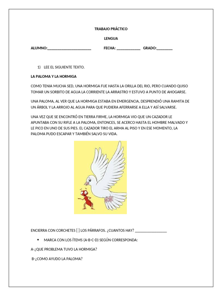 La Paloma y la Hormiga: Un Cuento de Ayuda | PDF