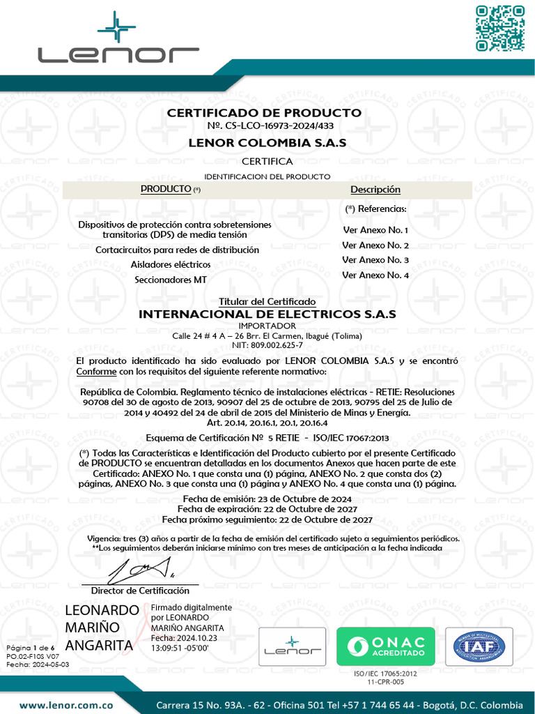 Certificado Dps y Cortacircuitos (Ie) 221027 | PDF | Energia electrica | Ingenieria Eléctrica