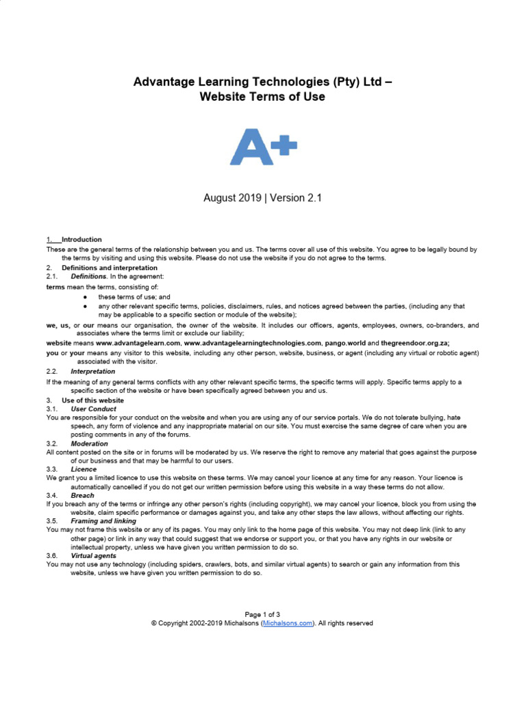 Advantage Learning Technologies Terms of Use V2.1 | PDF | Damages ...