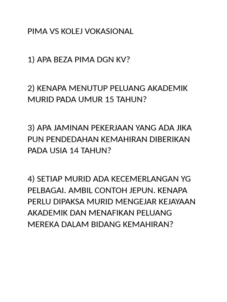 Pima vs Kolej Vokasional | PDF