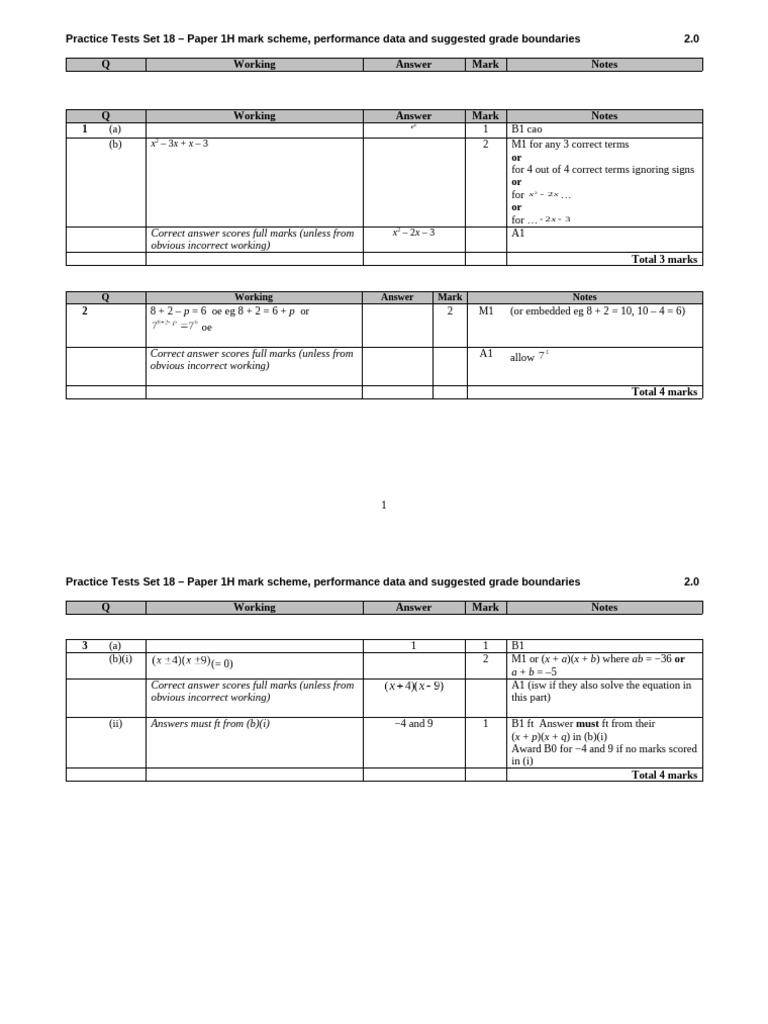 06 Practice Tests Set 18 (Set 2) - Paper 1H Mark Scheme | PDF ...