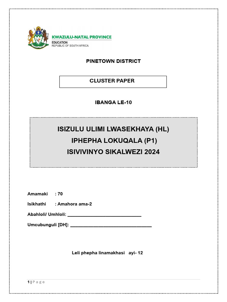Isizulu P1 Grade 10 Term 4 Exam 2024 | PDF