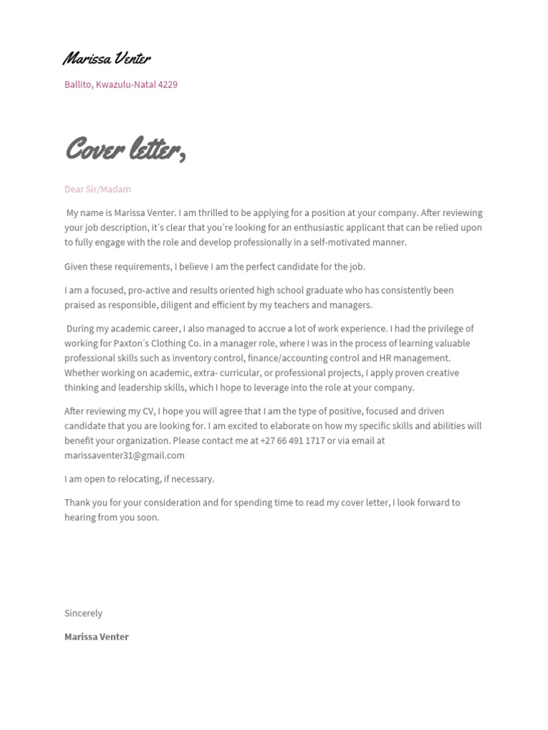 Marissa Venter Cover Letter | PDF