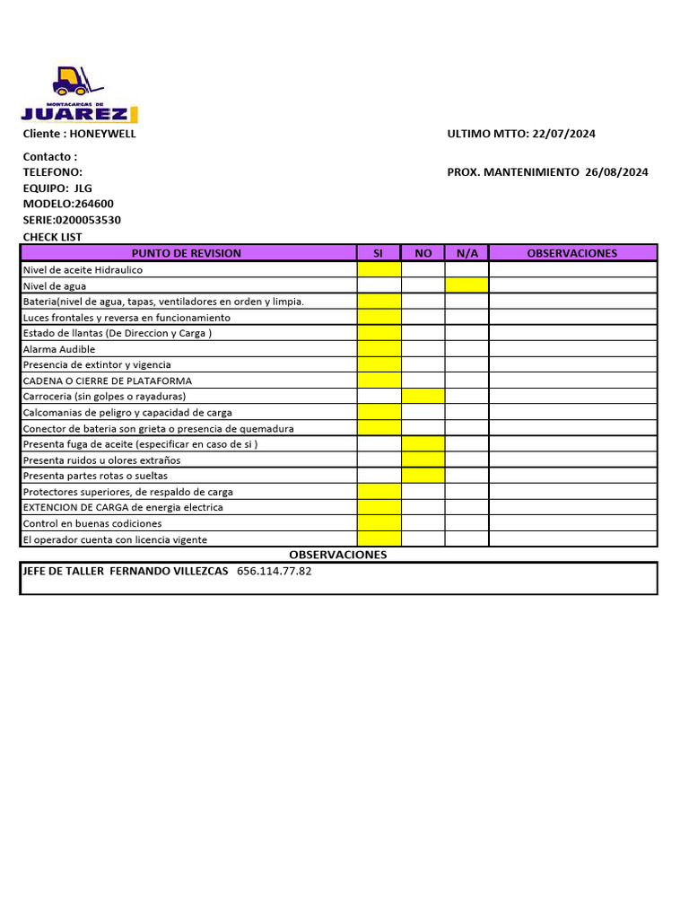 Checklist de Mantenimiento JLG | PDF