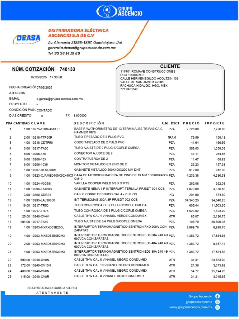 Cliente Núm. Cotización 748133: Pdacantidadclave Descripción U.M. DSCT ...