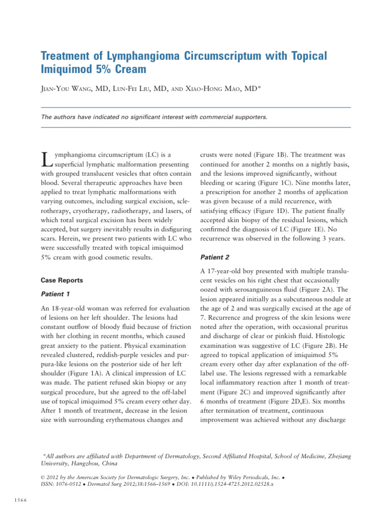 Imiquimod for Lymphangioma Treatment | PDF | Medical Specialties ...