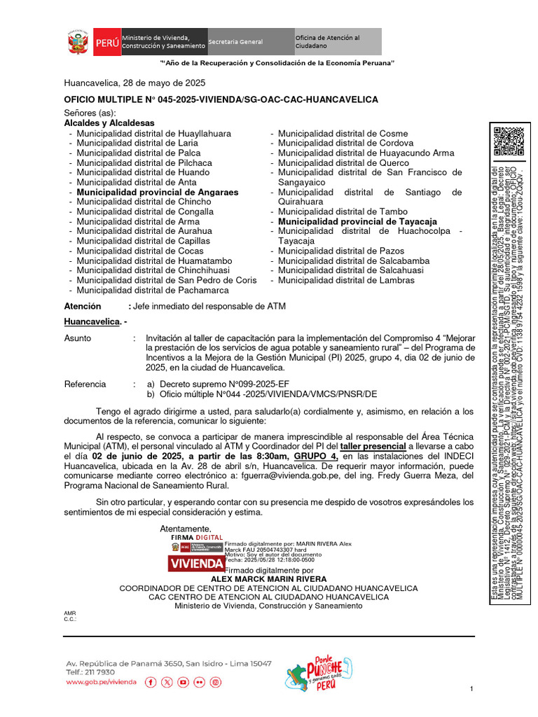 Oficio Multiple #45 - 2025 - Municipalidades Grupo 4 | PDF | Suministro de agua | Agua dulce