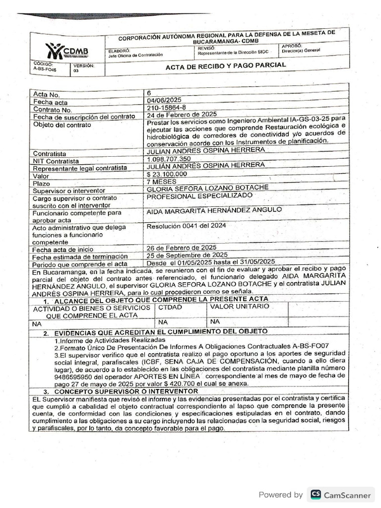 Acta de Recibo y Pago Parcial | PDF