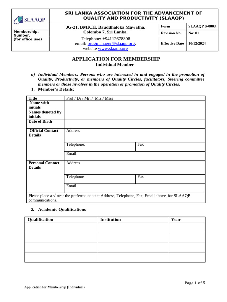 SLAAQP Individual - Membership Form | PDF
