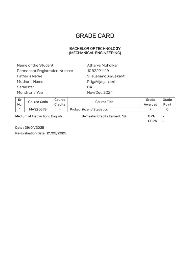 Btech Mech Sem 4 Sem Grade Card 4 1744030952521 STD | PDF