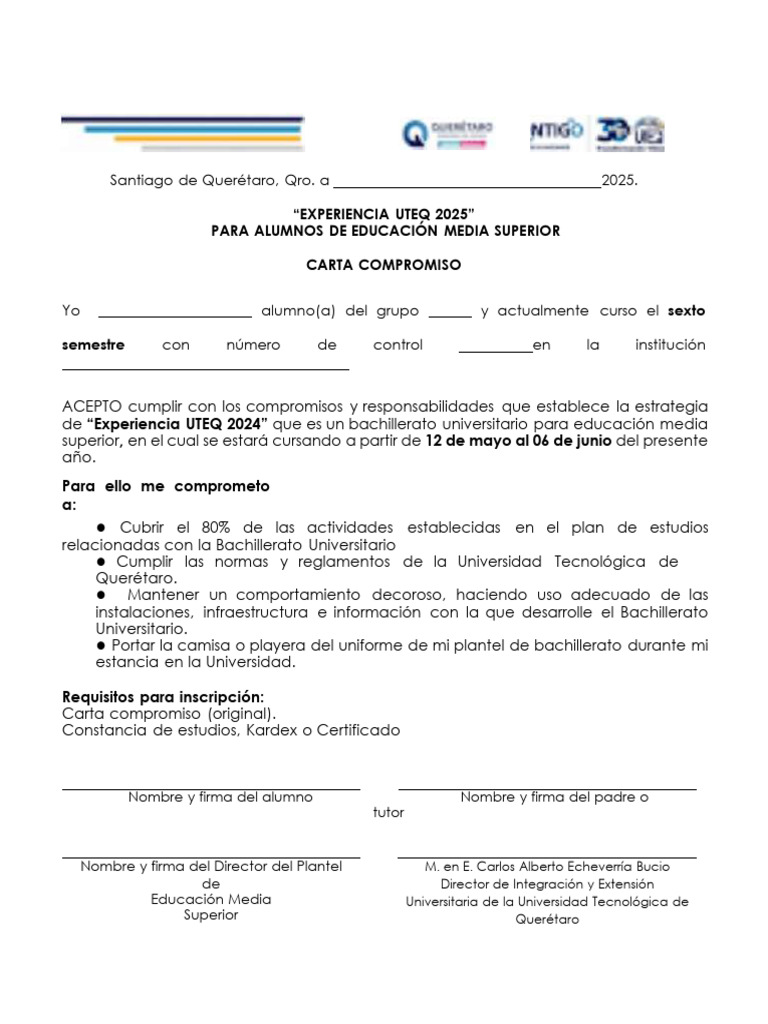 Carta Compromiso Experiencia UTEQ 2025okok | PDF