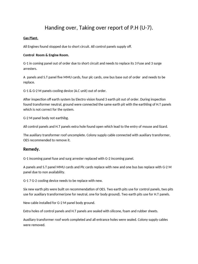 Handing Over, Taking Over Report. | PDF | Engines | Fuel Oil