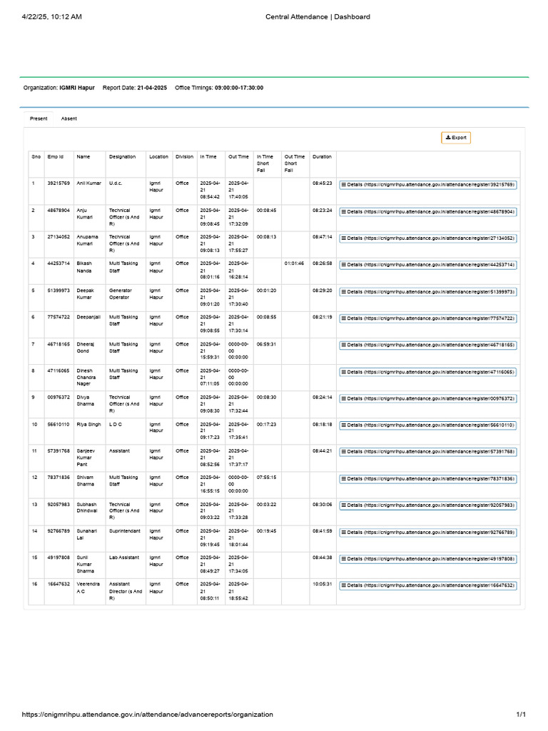 Central Attendance - Dashboard | PDF