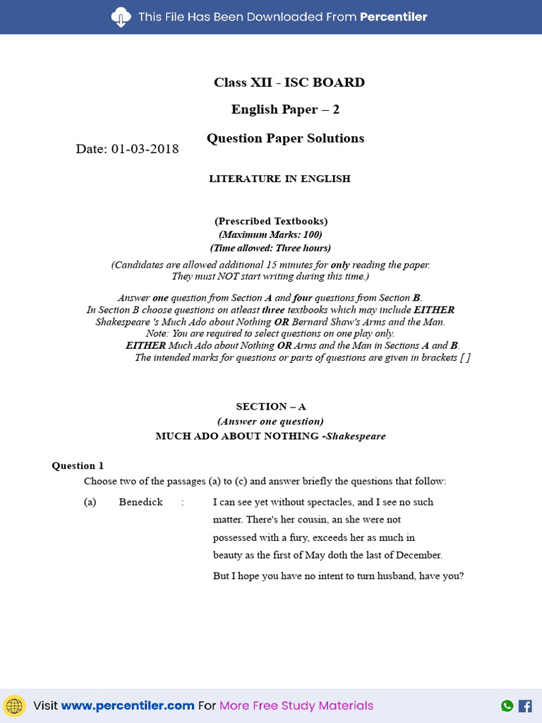 ISC Eng. Literature QP 2018 - Percentiler | PDF | Much Ado About Nothing | Ivanhoe