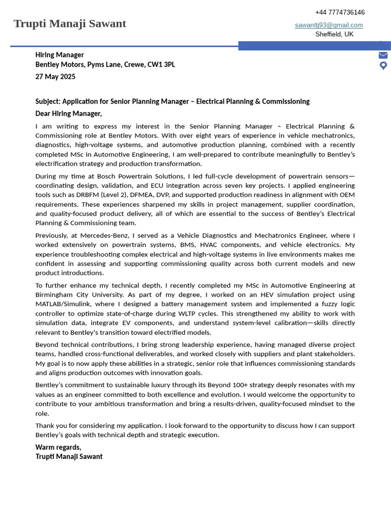 Application For Senior Planning Manager - Electrical Planning ...