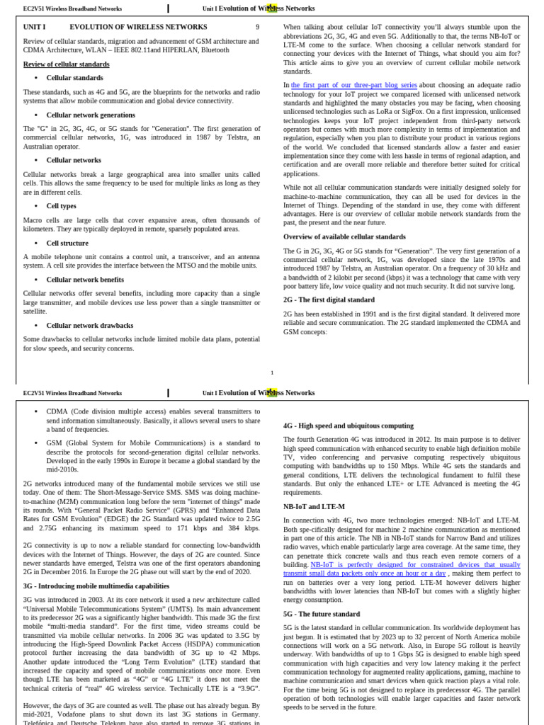 Unit 1 - Evolution of Wireless Networks | PDF | Wireless Lan | Computer Network