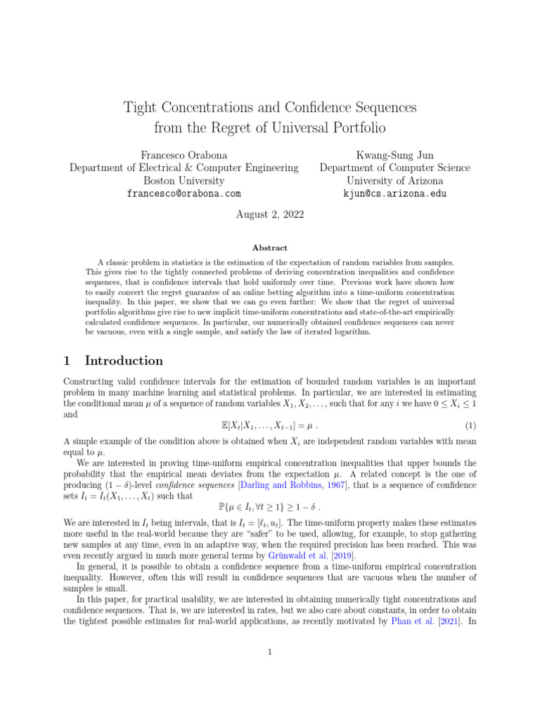 Tight Concentrations and Confidence Sequences From The Regret of Universal Portfolio | PDF ...