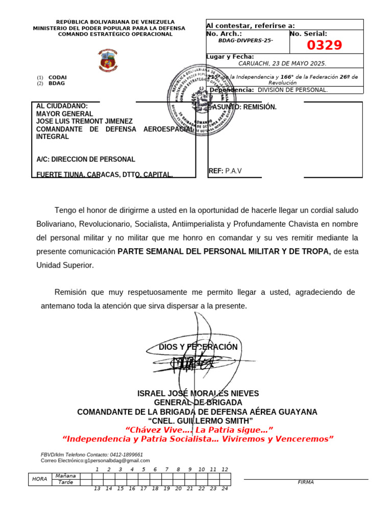 Oficio de Remision Del Parte Semanal Del Personal Militar de La Bdag Codai 23may25 | PDF