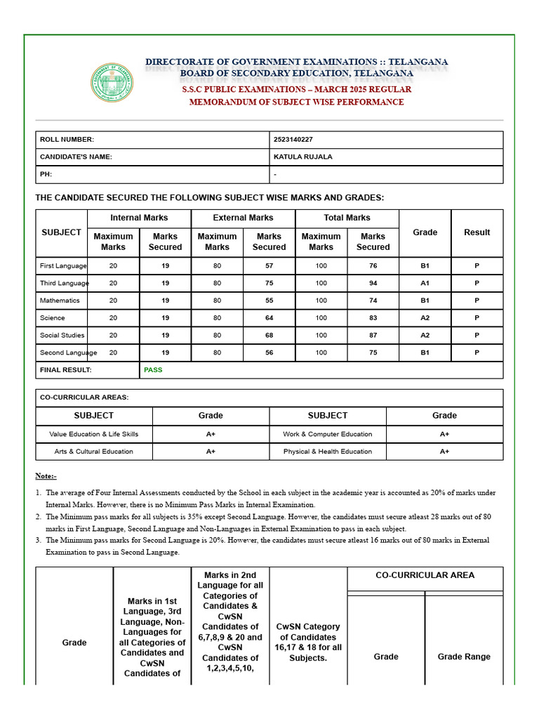 Telangana SSC 2025 Result Memo | PDF | Vocational Education | Student ...