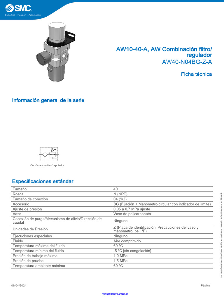 Ficha técnica AW40-N04BG-Z-A | PDF | Filtración | Ingeniería Química