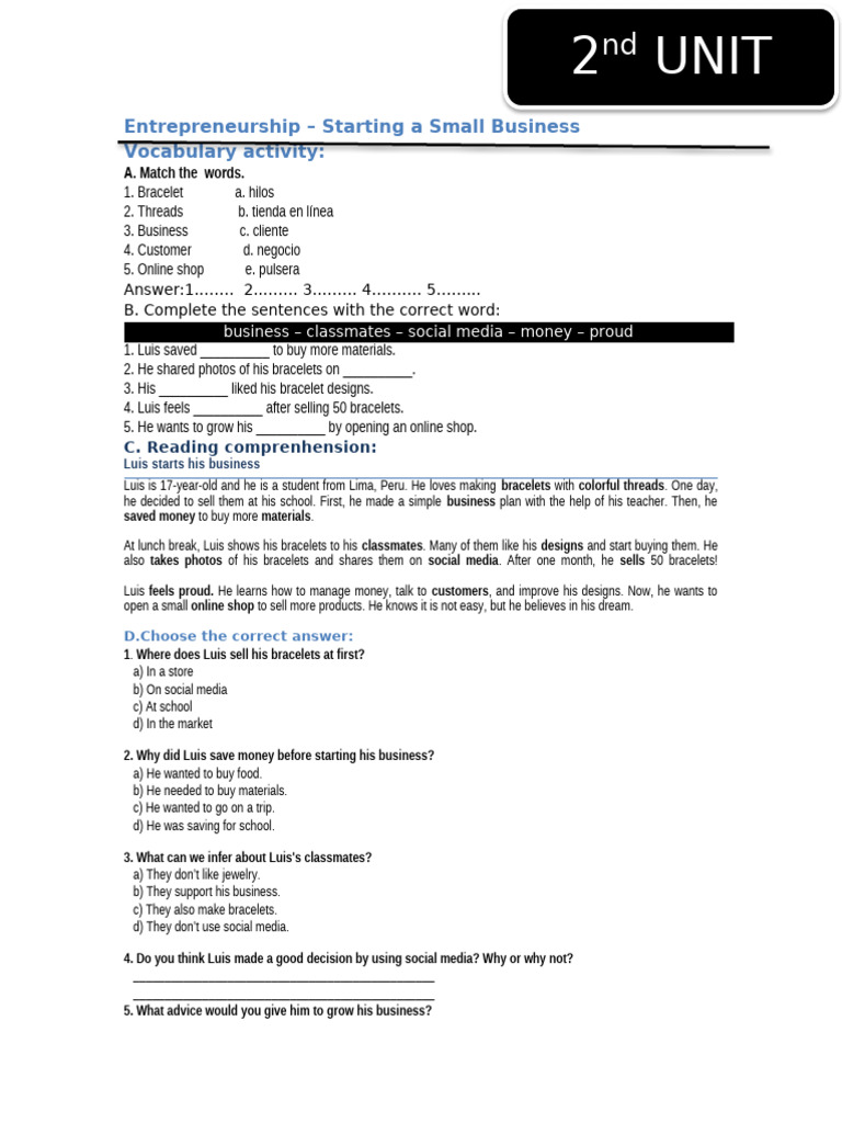 Reading Comprehension Luis Business UNIT 02 | PDF | Reading ...