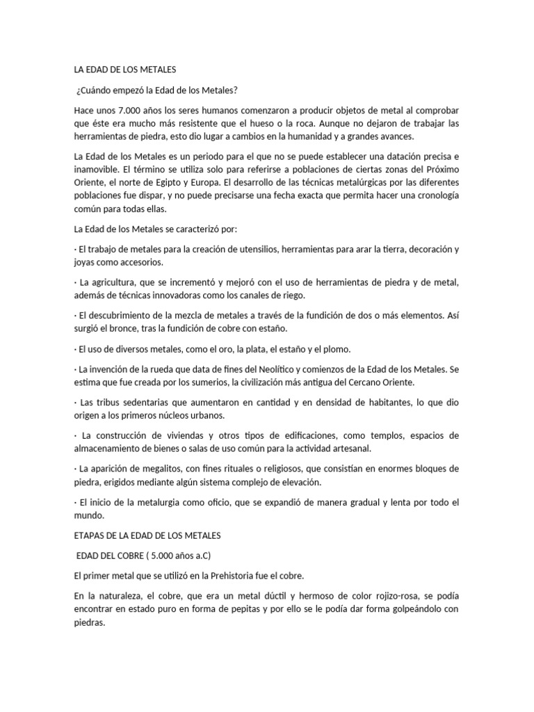 Historia de la Edad de los Metales | PDF | Bronce | Cobre